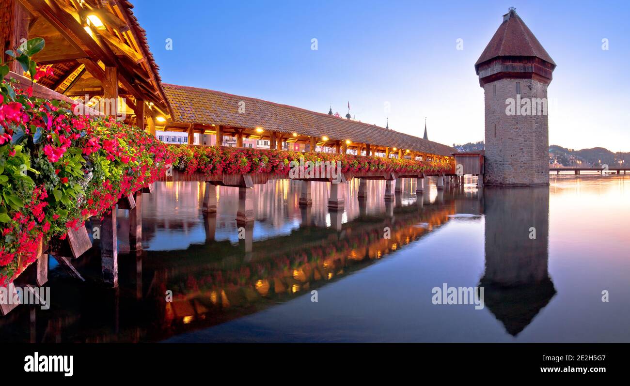 Luzern wooden Chapel Bridge and tower panoramic view, landmark in town ...