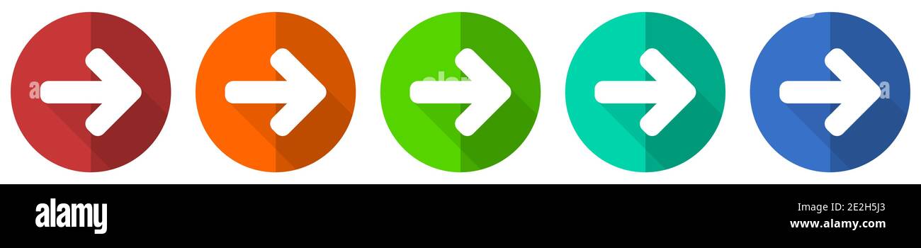 Right arrow icon set, next, red, blue, green and orange flat design web ...