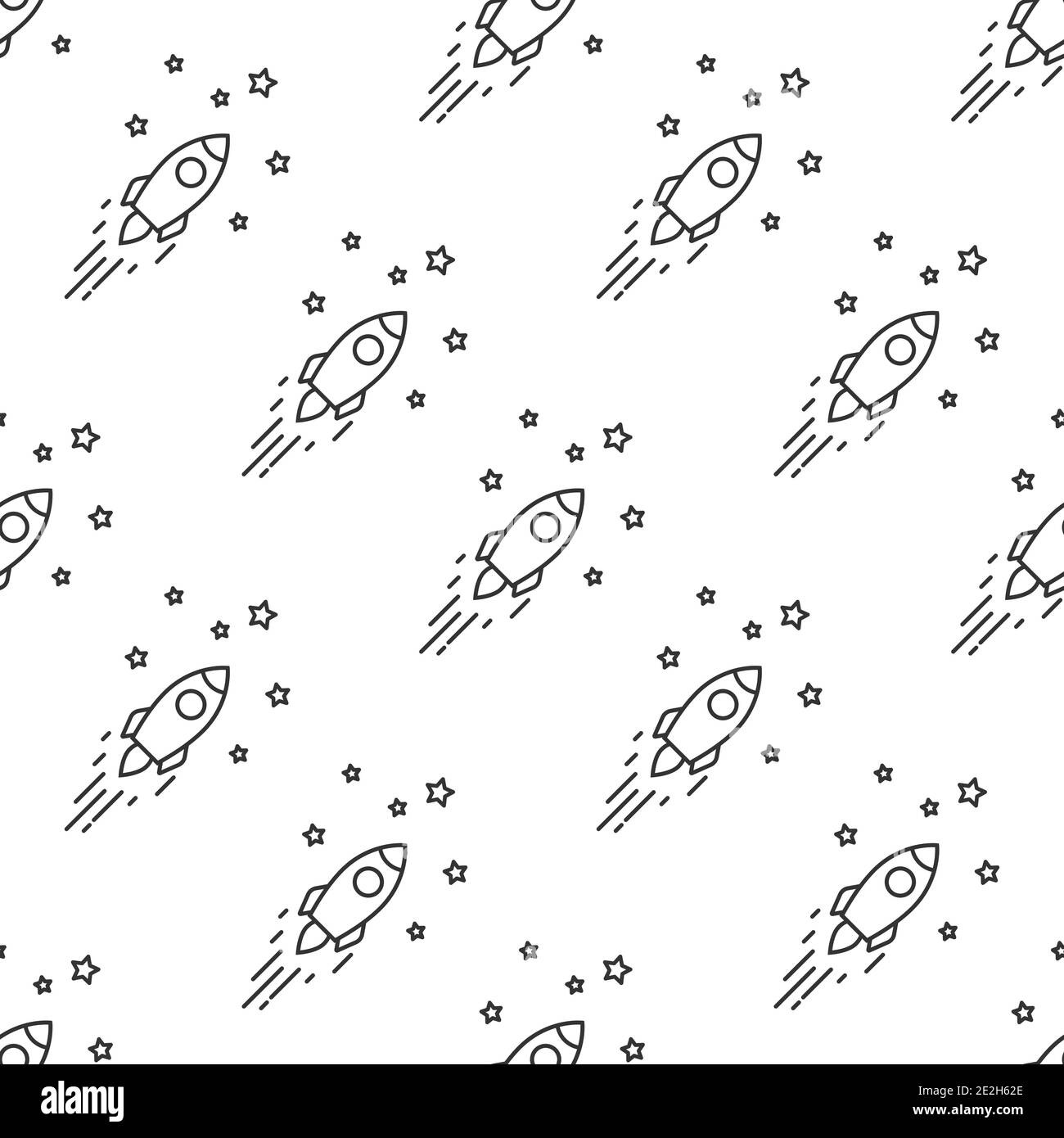 Seamless pattern with rocket ship and stars line silhouettes on white ...