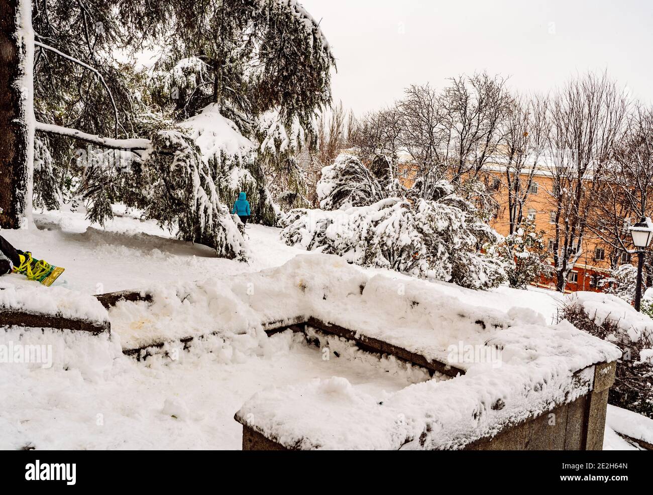 Views of snowy Madrid. from the park of las vistillas, in the filomena ...
