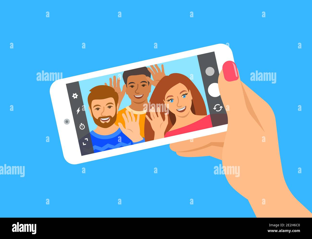 Modern selfie concept. Flat vector illustration. Young people posing ...