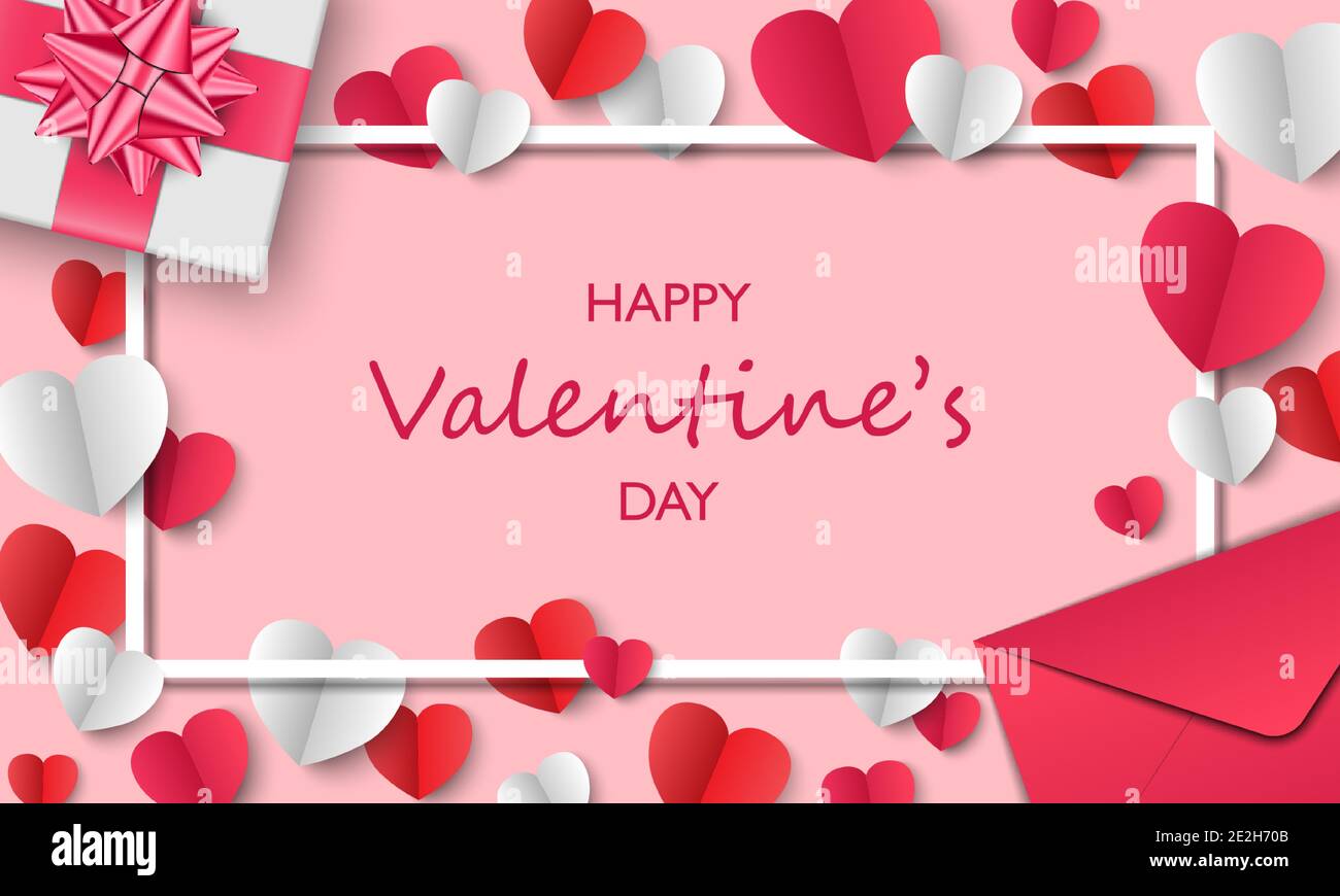 Valentine's Day background, Gift box, envelope and paper hearts on pink ...