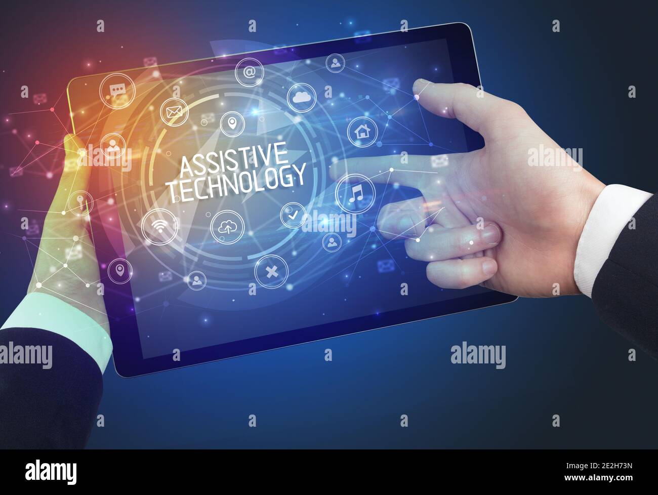Close-up of a tablet with ASSISTIVE TECHNOLOGY inscription, innovative ...