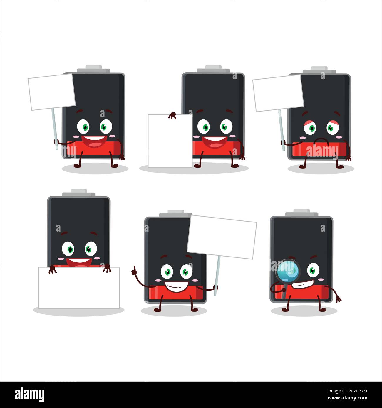 Low battery cartoon character bring information board. Vector ...