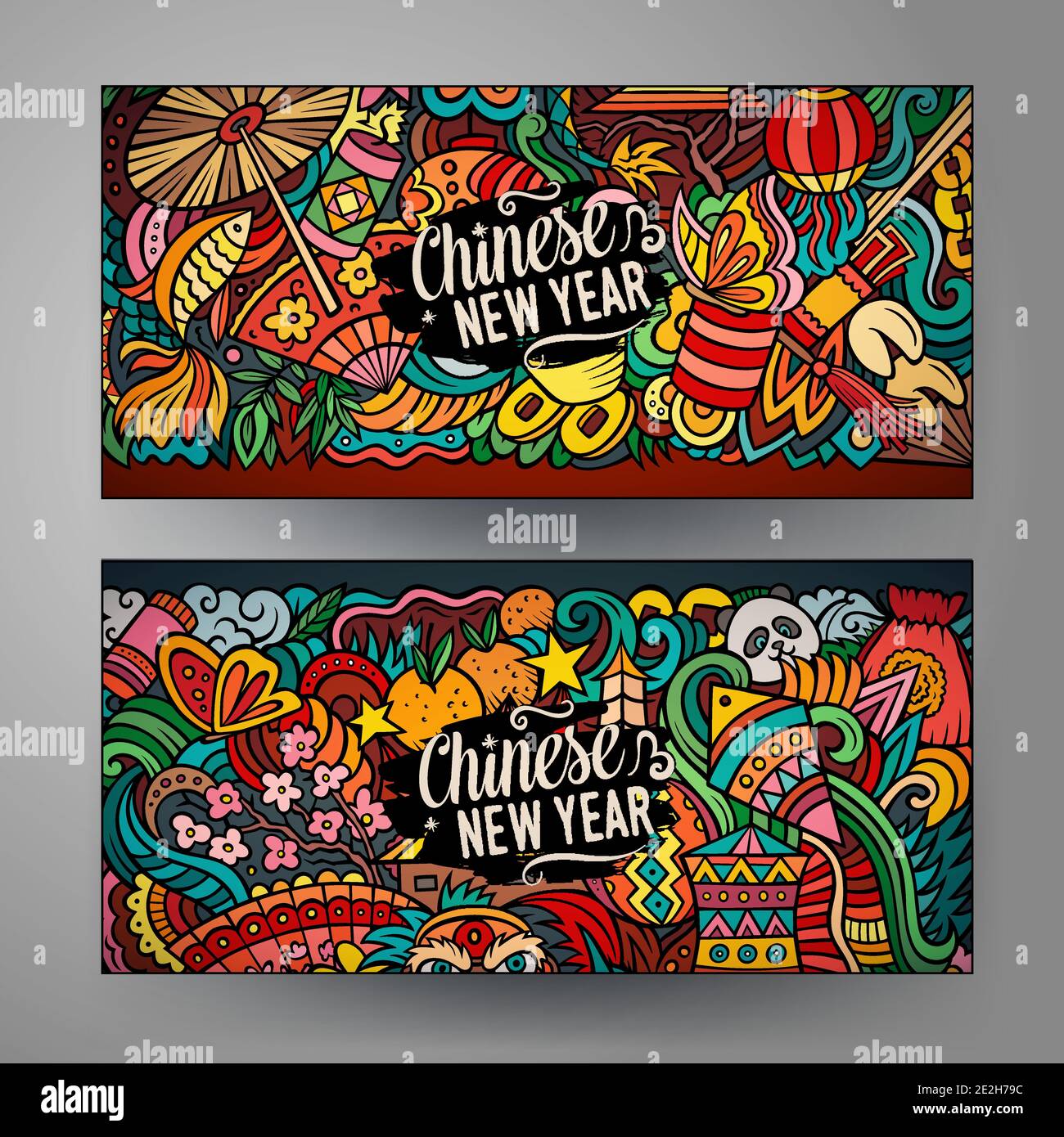 Cartoon cute colorful vector hand drawn doodles Chinese New Year ...