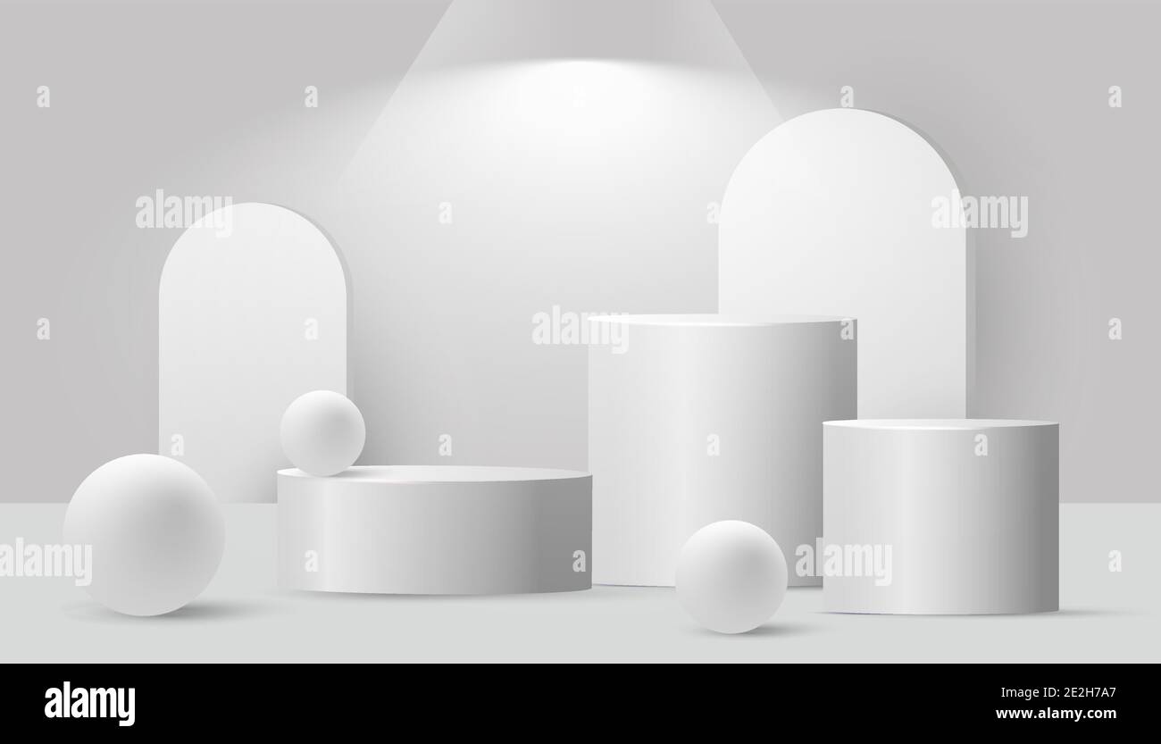 White cylinder template scene with podium or platform, bubble geometric ...
