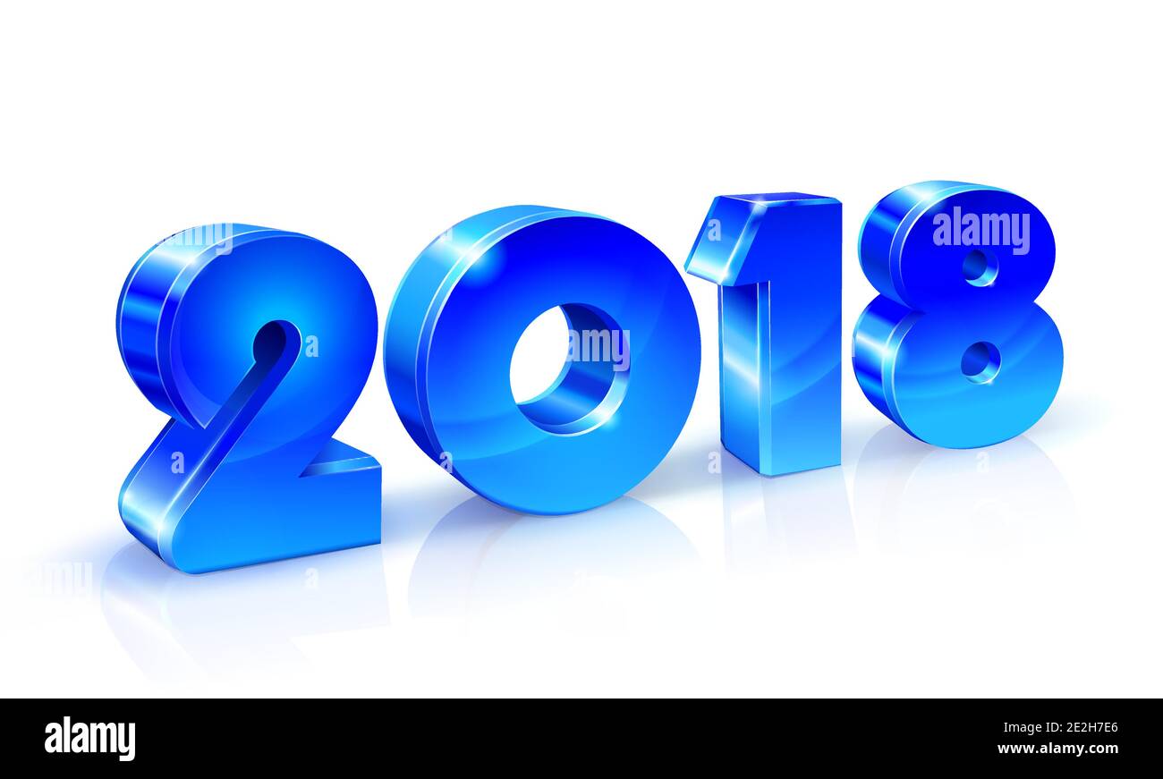 Happy New Year 2018. Blue shiny numbers with reflection on a white ...