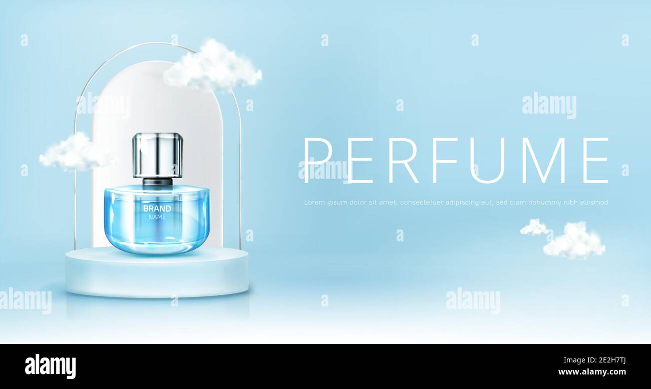 Perfume spray bottle on podium with clouds in sky mock up banner. Glass ...