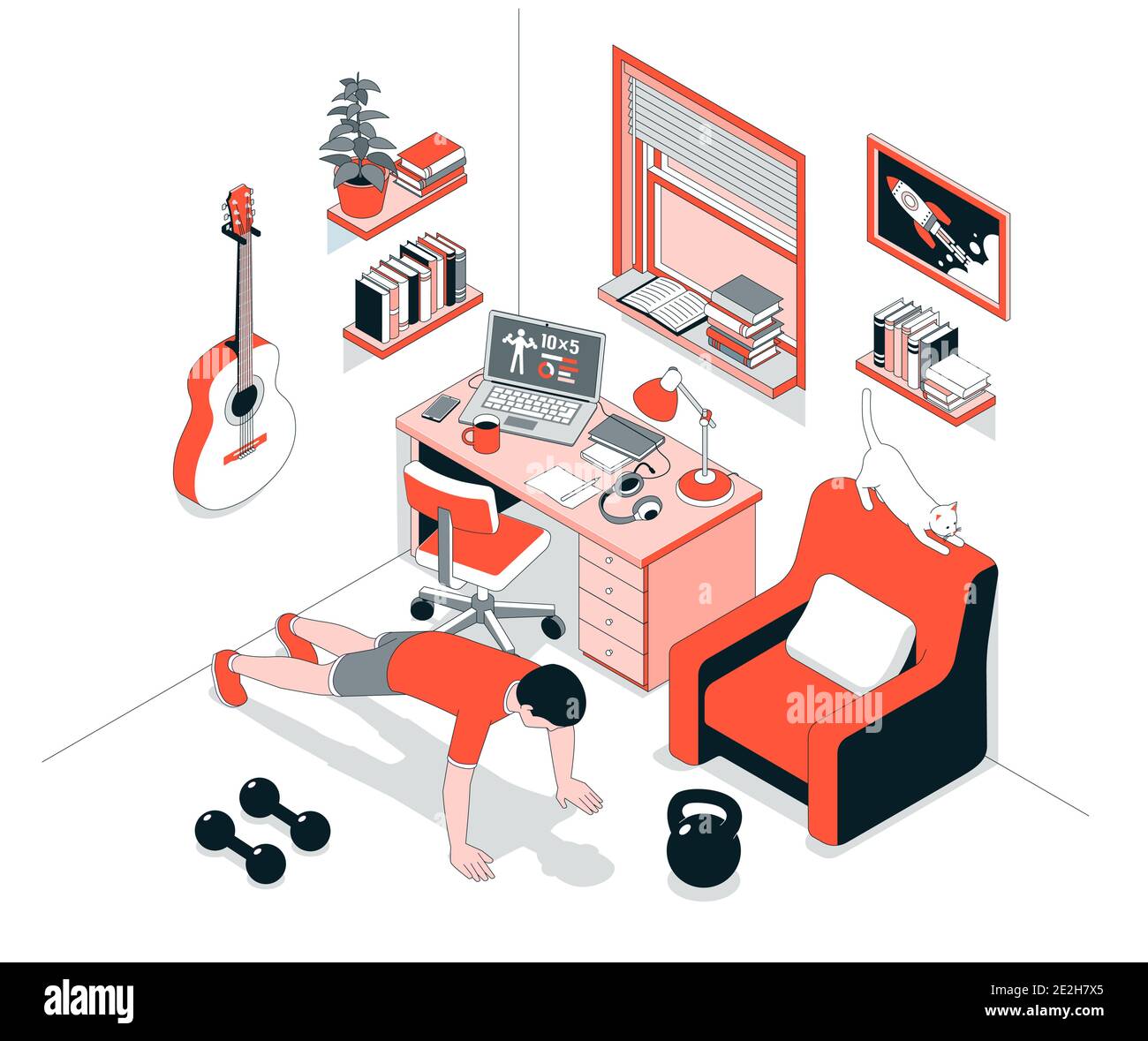 Home workout - plank on the floor. Home exercise - pushups in room ...