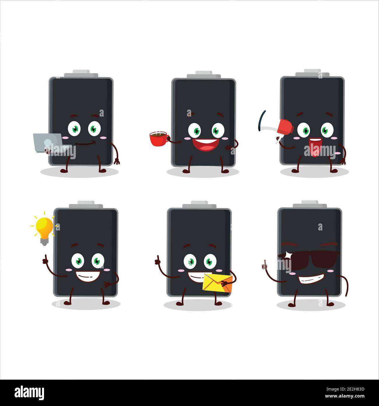 Empty battery cartoon character with various types of business ...