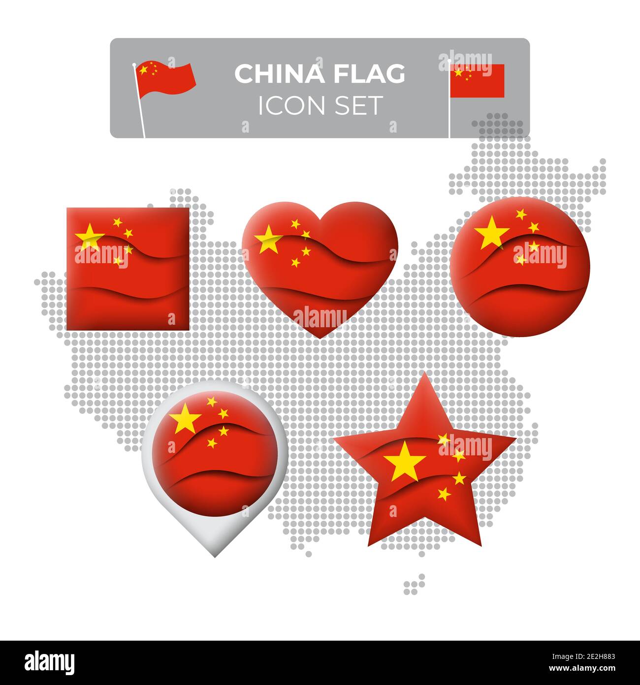China flag icons set in the shape of square, heart, circle, stars and ...
