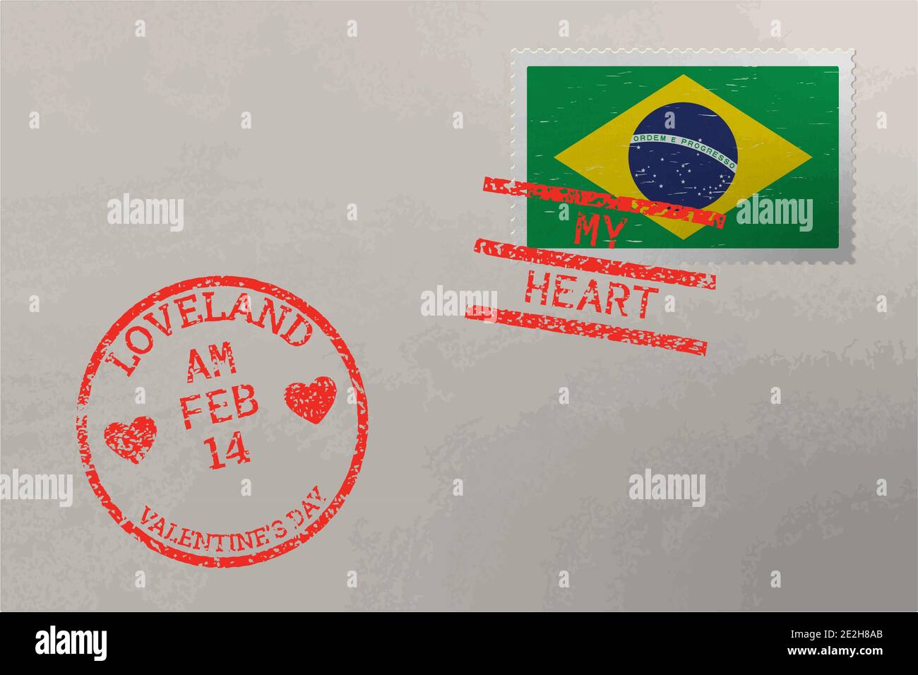 Postage stamp envelope with Brazil flag and Valentine s Day stamps ...
