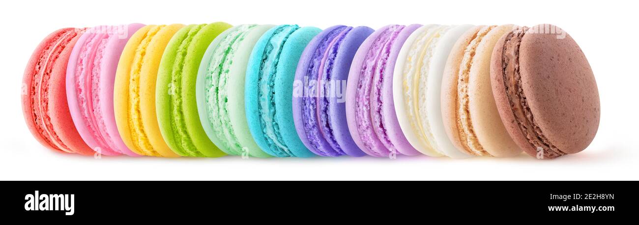 Rainbow colored macaroons in a row isolated on white background Stock ...