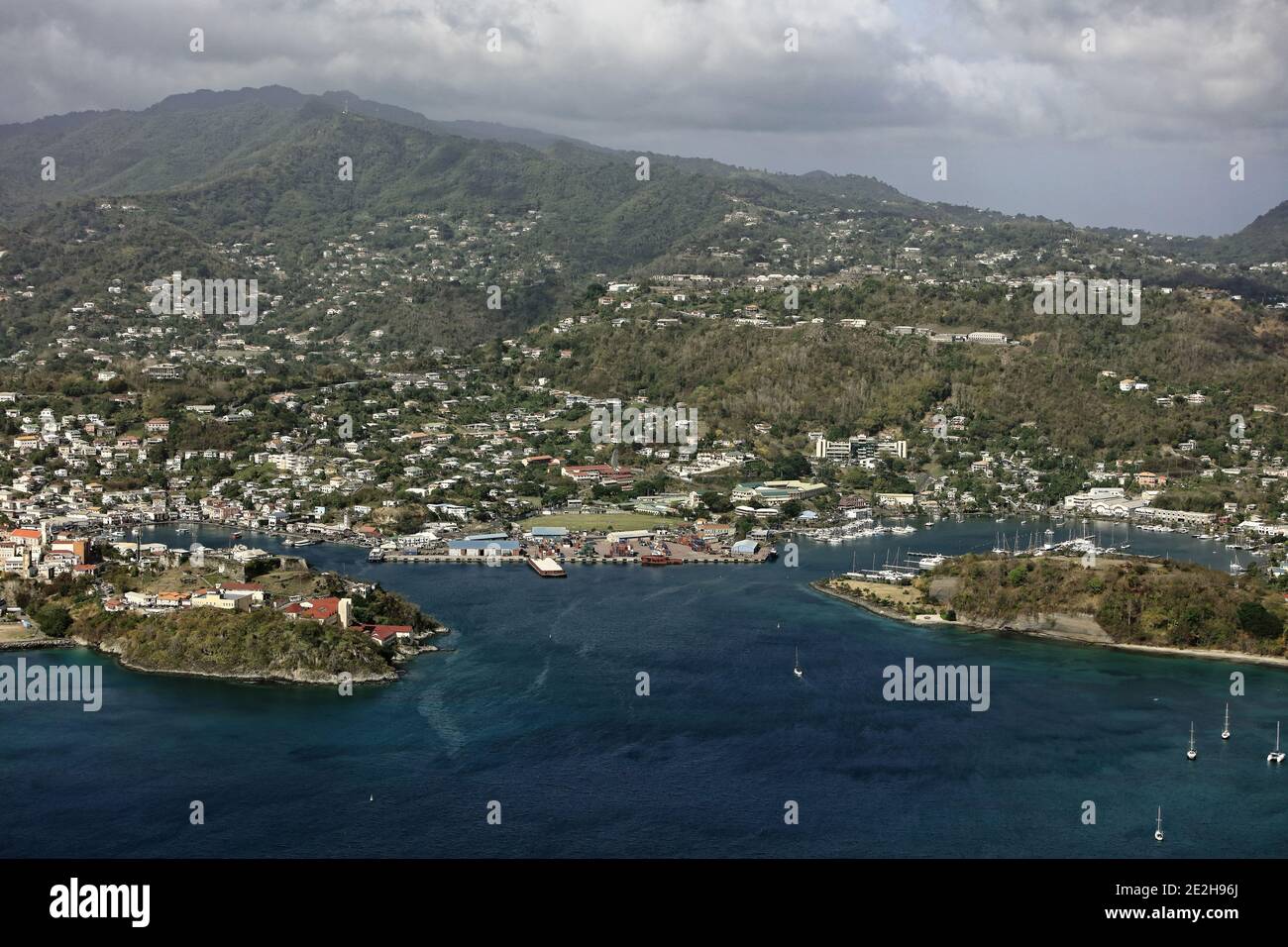 Grenada: aerial view of the town and marina of St. Georges, capital of ...
