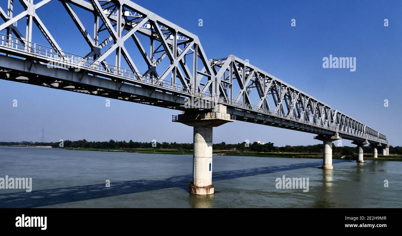 Mayapur area, , West Bengal, India. Iron railway bridge over the ...