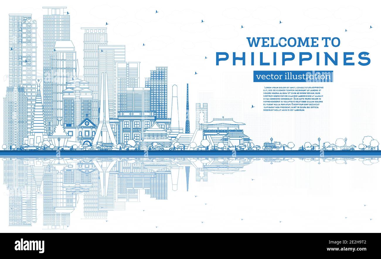 Outline Welcome to Philippines City Skyline with Blue Buildings and ...