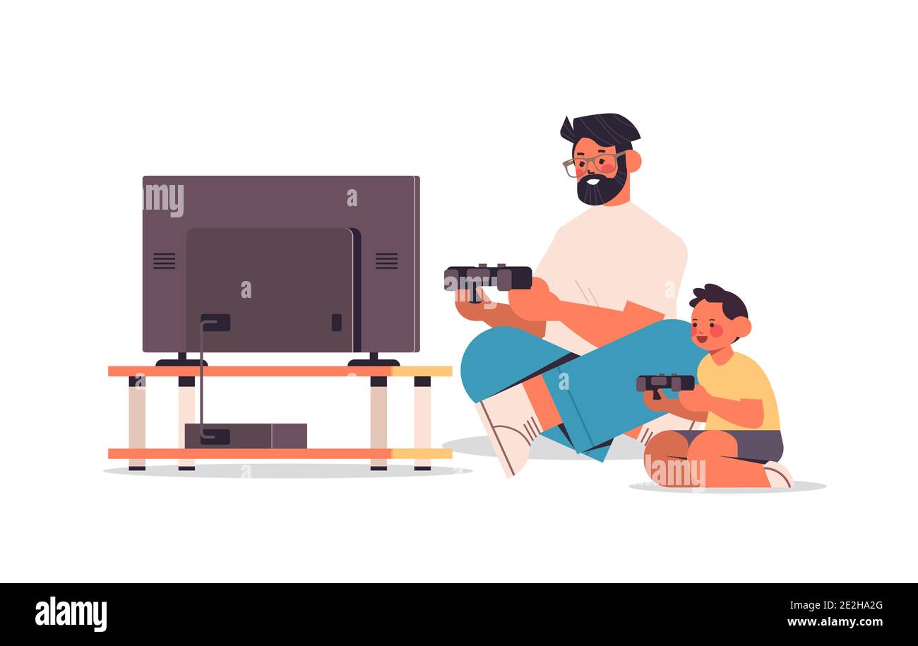 young father playing video games on game console with little son ...