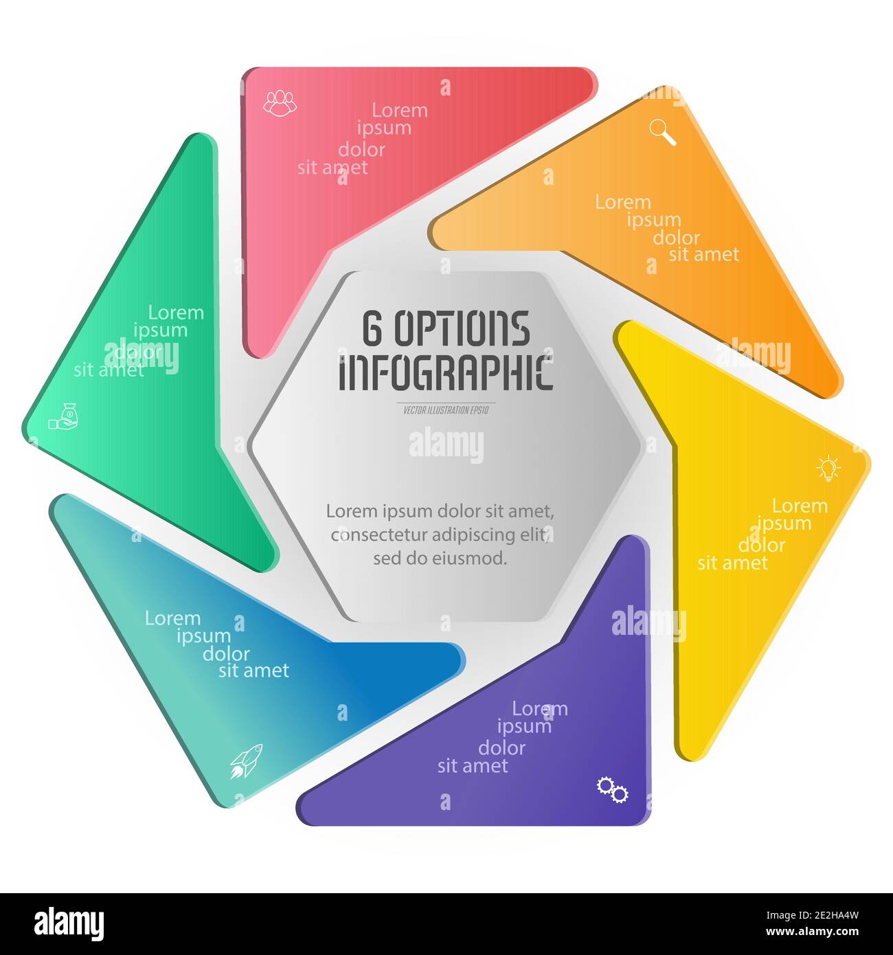 Hexagon infographics. The triangular diagram is divided into 6 parts ...