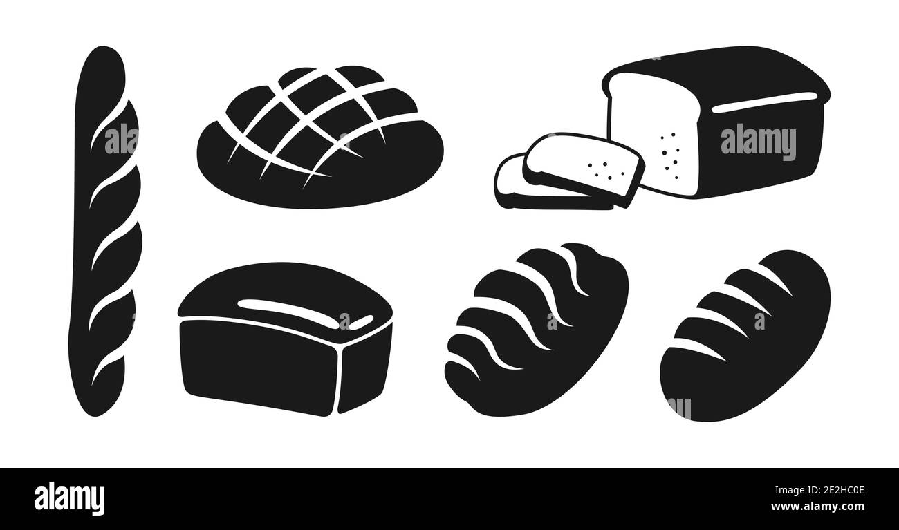 Bakery flat black icon set. Bread rye, whole grain and wheat loaf bread ...