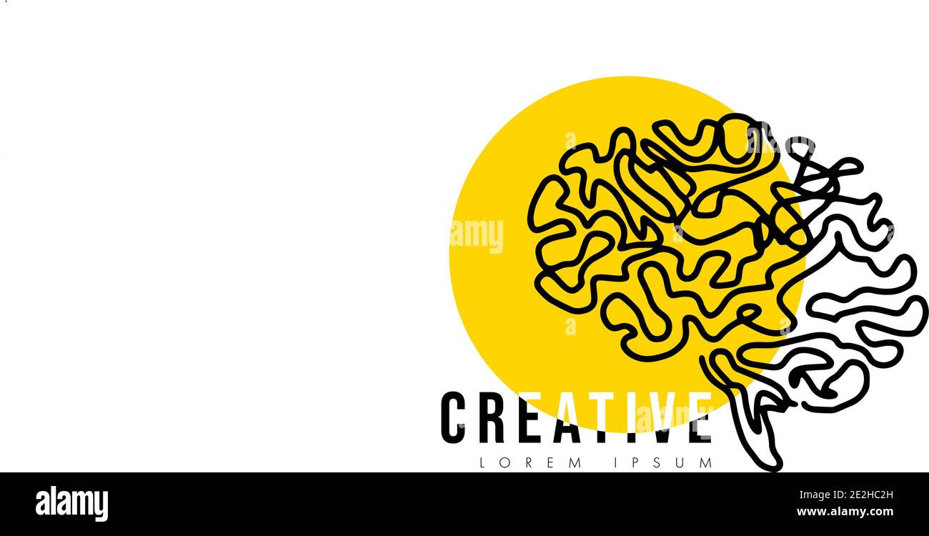 Creative line human brain vector icon with yellow circle illustration ...