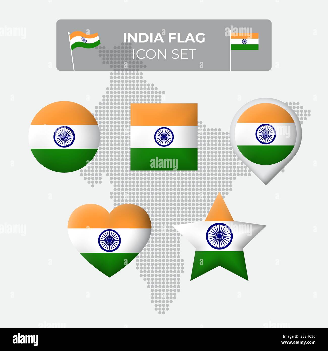 India flag icons set in the shape of square, heart, circle, stars and pointer, map marker ...