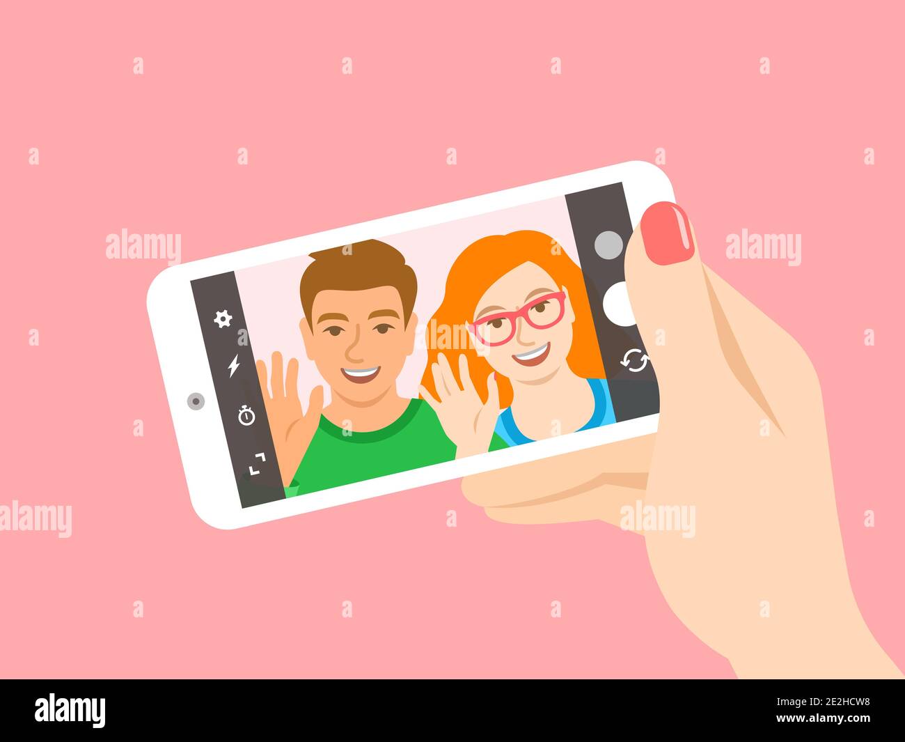 Modern selfie concept. Flat vector illustration. Young couple posing ...