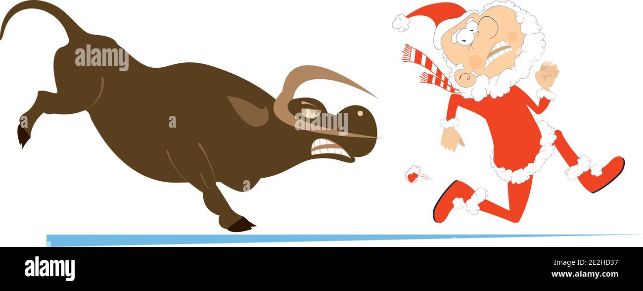 Angry bull and Santa Claus cartoon illustration. Frightened Santa Claus ...
