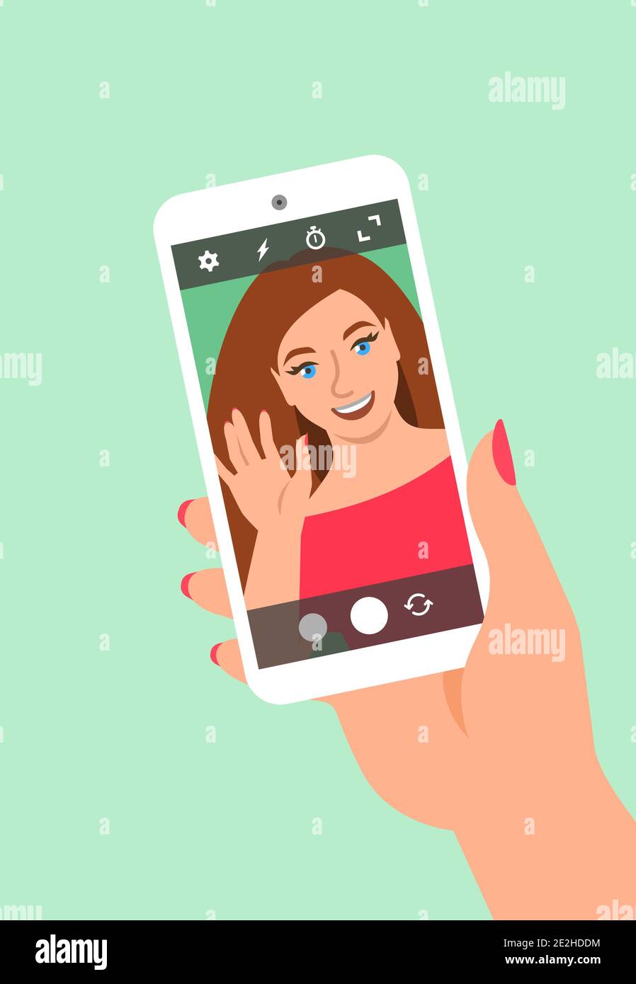 Modern selfie concept. Flat vector illustration. Young girl posing for ...