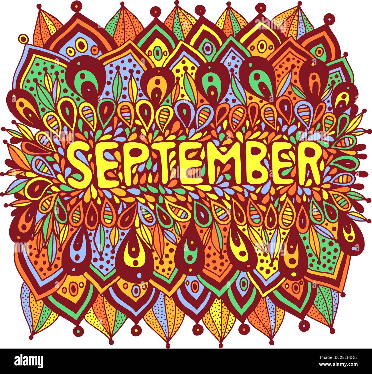 September - colorful illustration with month s name. Bright zendoodle ...