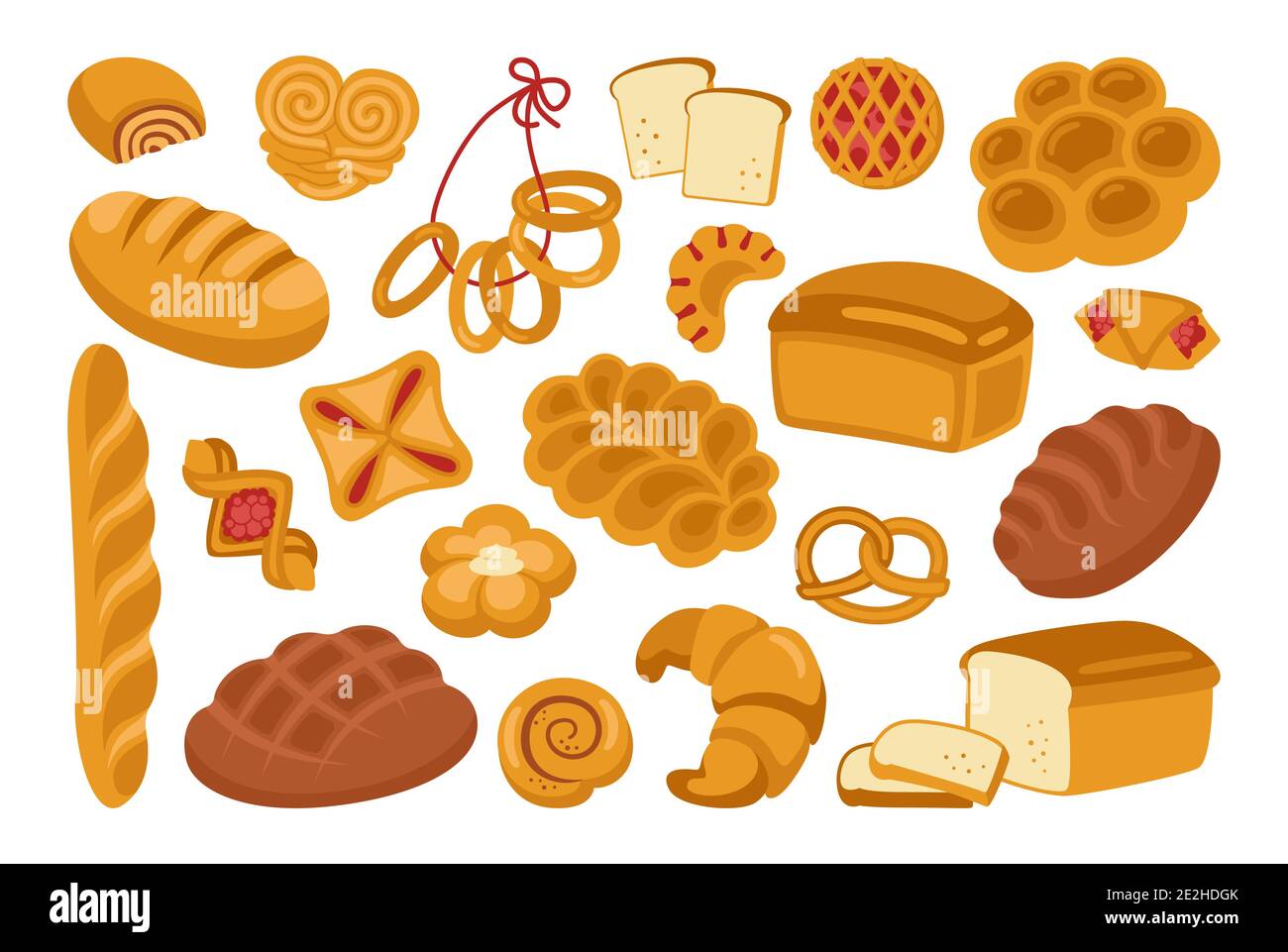 Bread cartoon icon set. Rye, whole grain and wheat loaf bread, pretzel ...