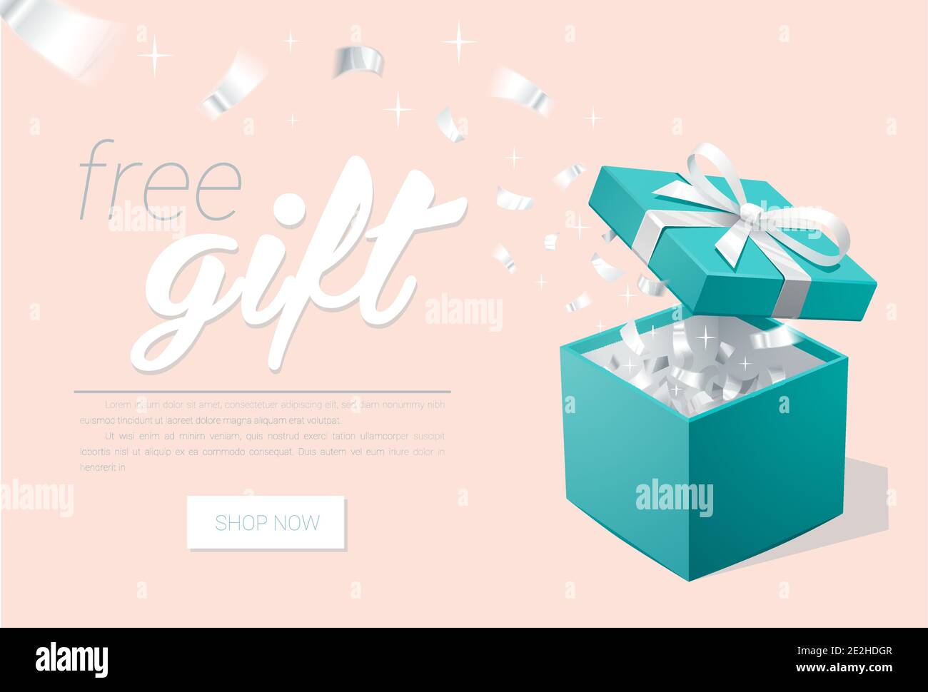 Promo banner with Open Gift Box and silver Confetti. Turquoise jewelry ...