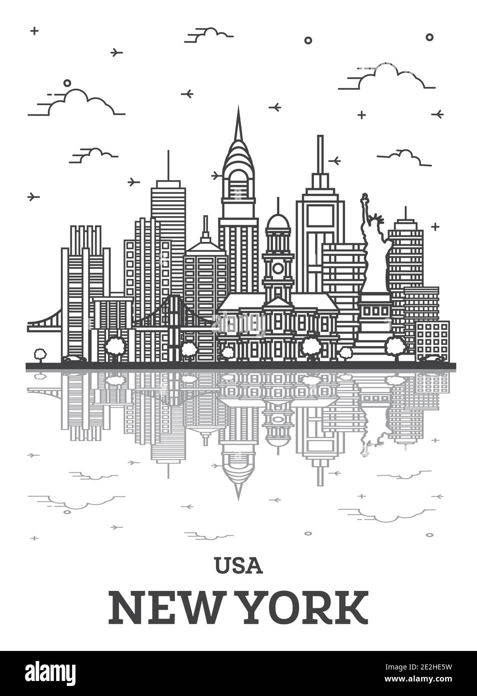Outline New York USA City Skyline with Modern Buildings and Reflections ...