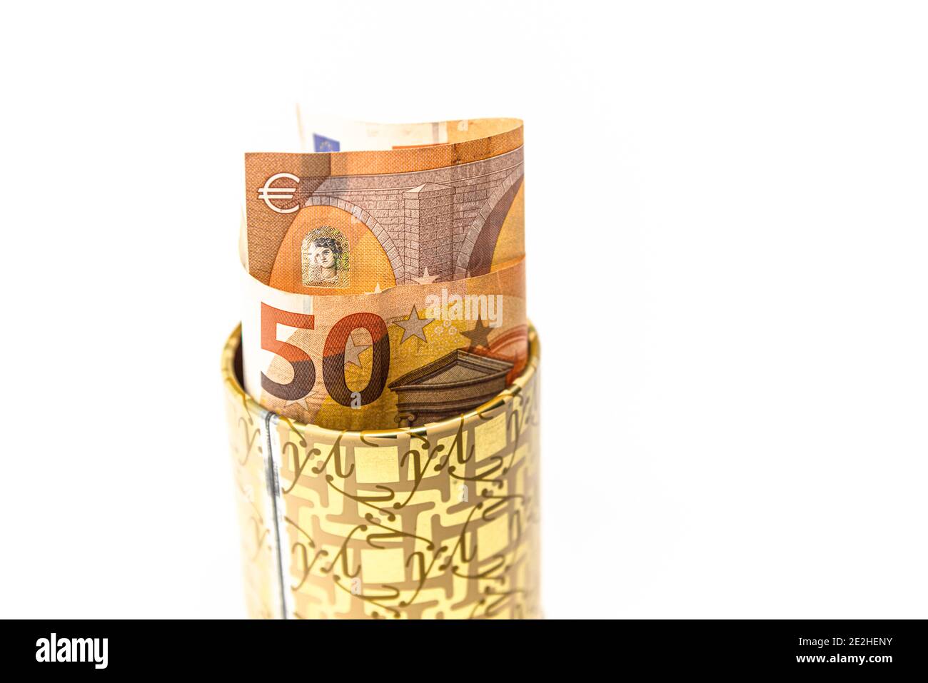 Metal piggy bank with Euro symbols for saving money. On a white ...