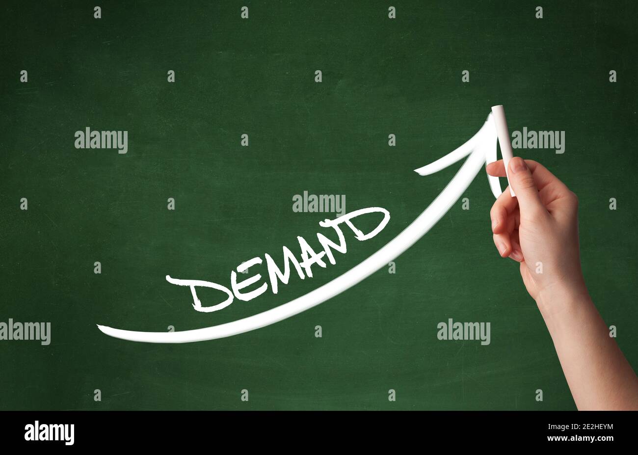 Hand drawing DEMAND inscription with white chalk on blackboard ...