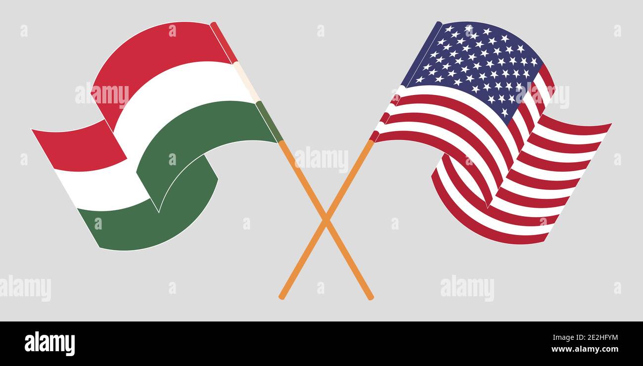 Crossed and waving flags of Hungary and the USA. Vector illustration ...