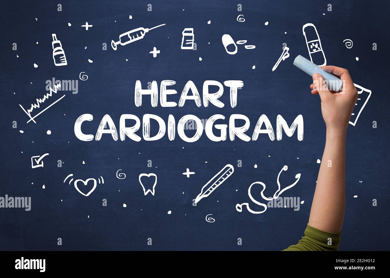 Hand drawing HEART CARDIOGRAM inscription with white chalk on ...