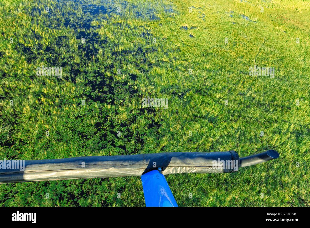 Helicopter Landing skid top view in flight above the Okavango Delta ...