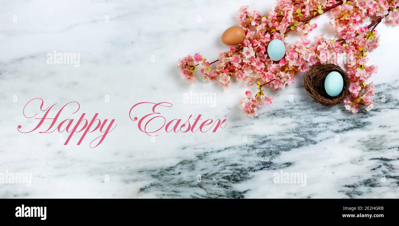 Happy Easter concept with springtime cherry blossoms and small bird ...