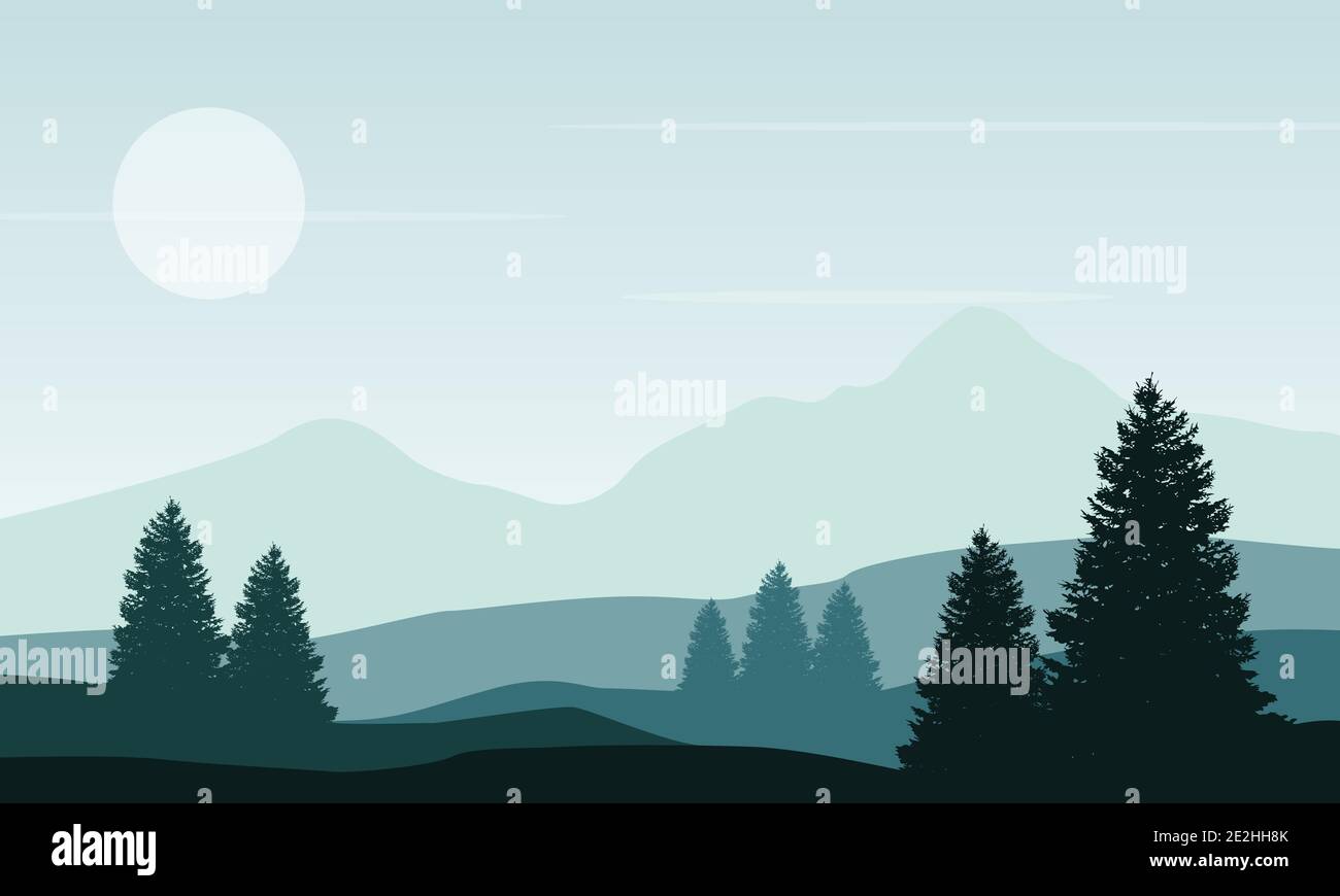 Amazing scenery trees and mountains at sunrise. Vector illustration of ...