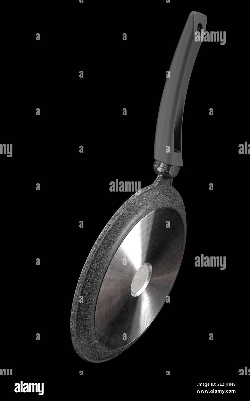 Grey frying pan with non-stick, rear view, isolated on black background ...