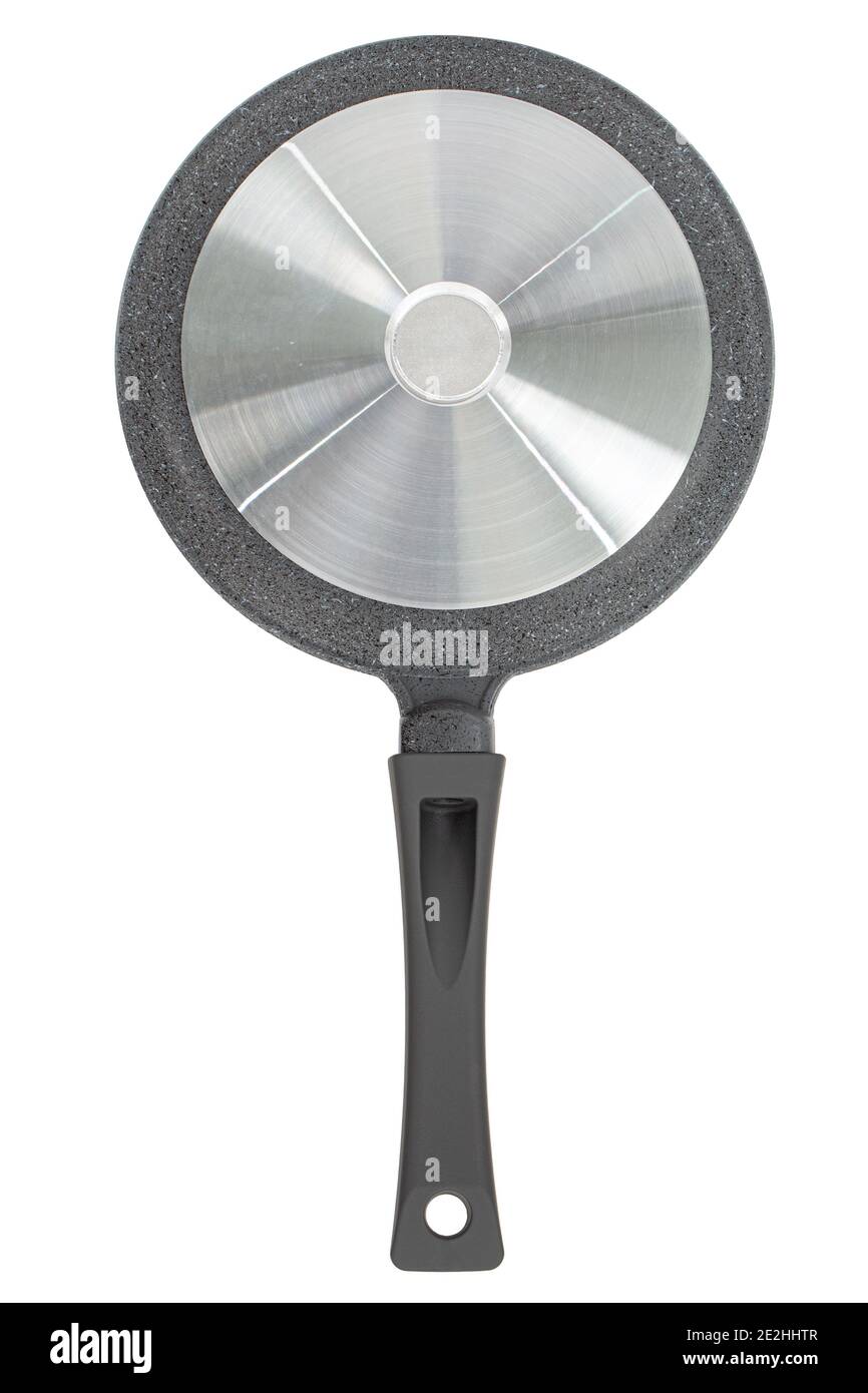Grey frying pan with non-stick, rear view, isolated on white background ...