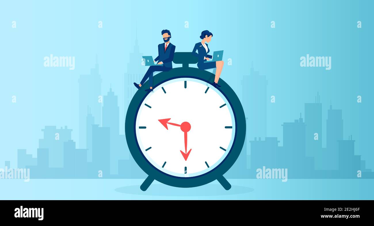 Vector of a businessman and businesswoman using laptop sitting on a ...