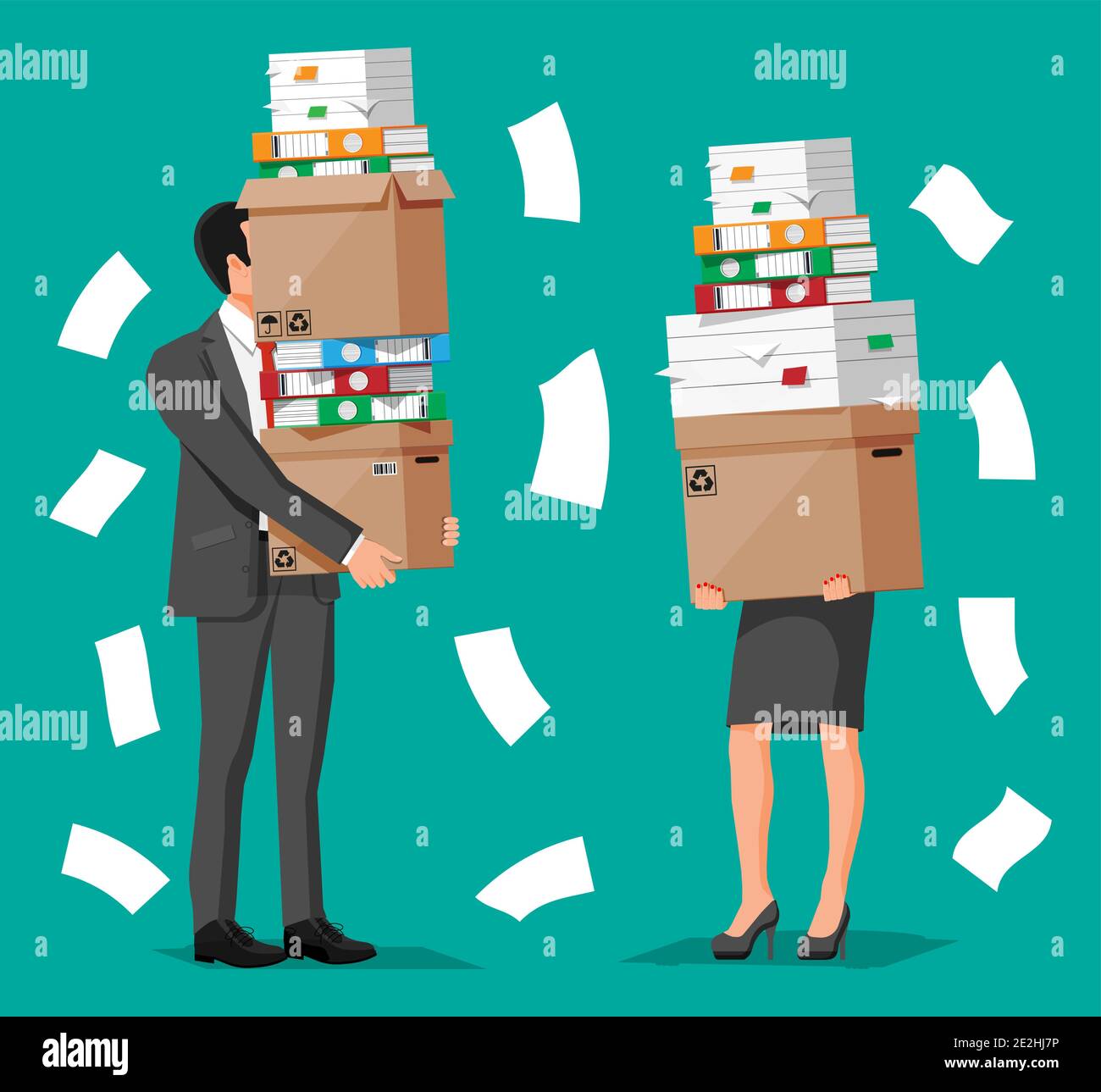 Stressed businesswoman and businessman holds pile of office documents ...