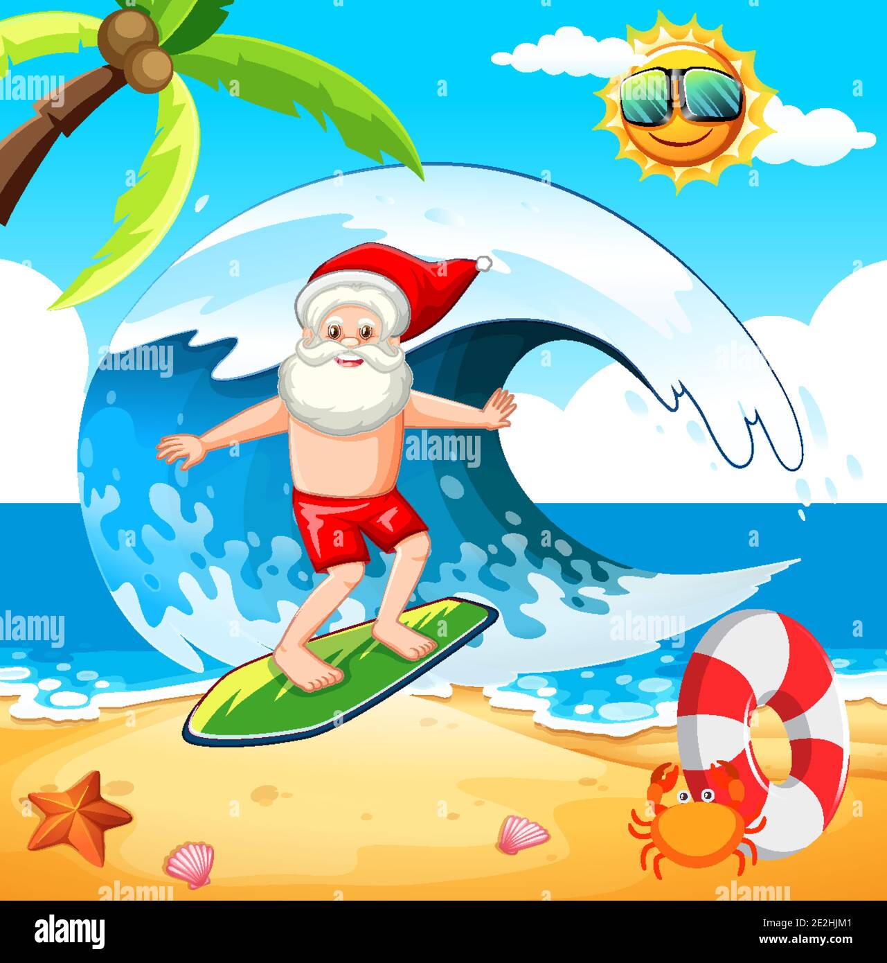 Santa Claus surfing at the beach for Summer Christmas illustration ...