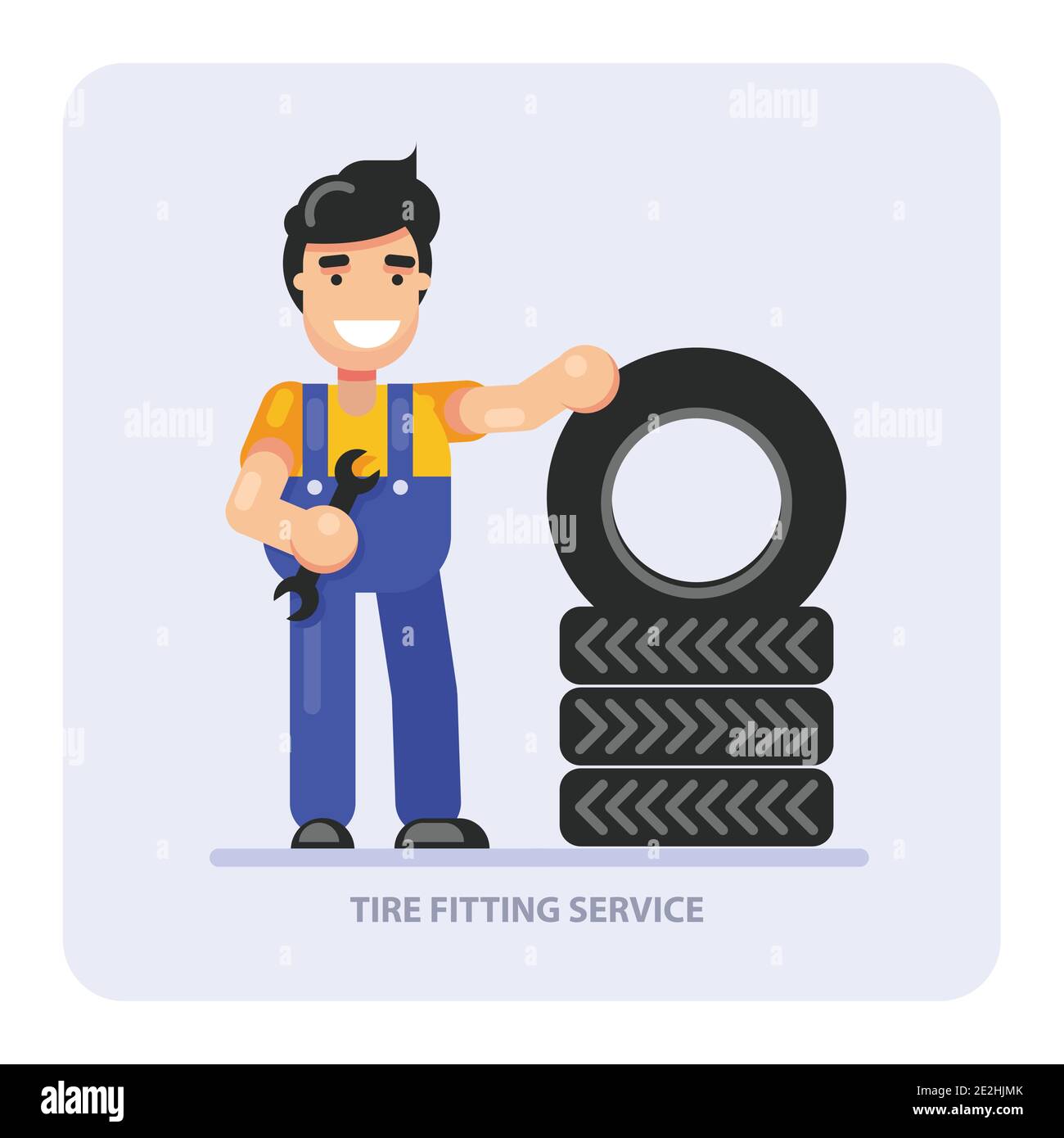 Car tire fitting service concept, man worker and stack of car wheels ...