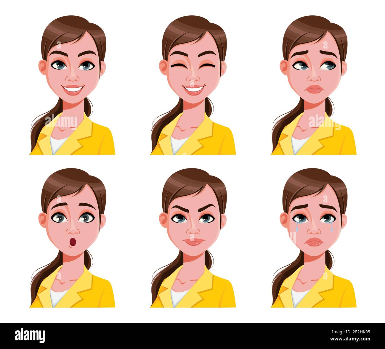 Face expressions of cute woman in yellow blouse. Different female ...
