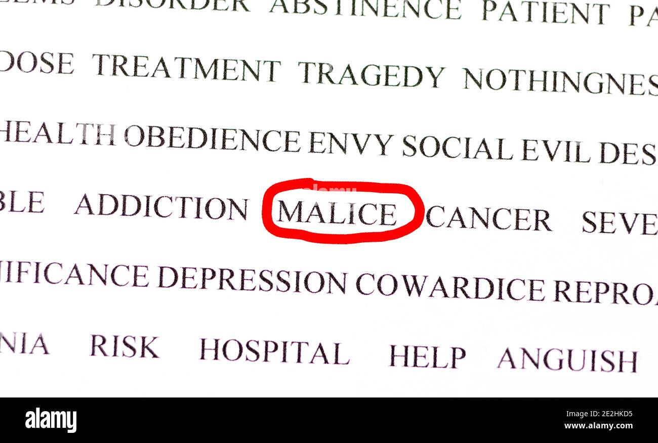 A set of words related to malice. Social life, emotions, feelings and ...