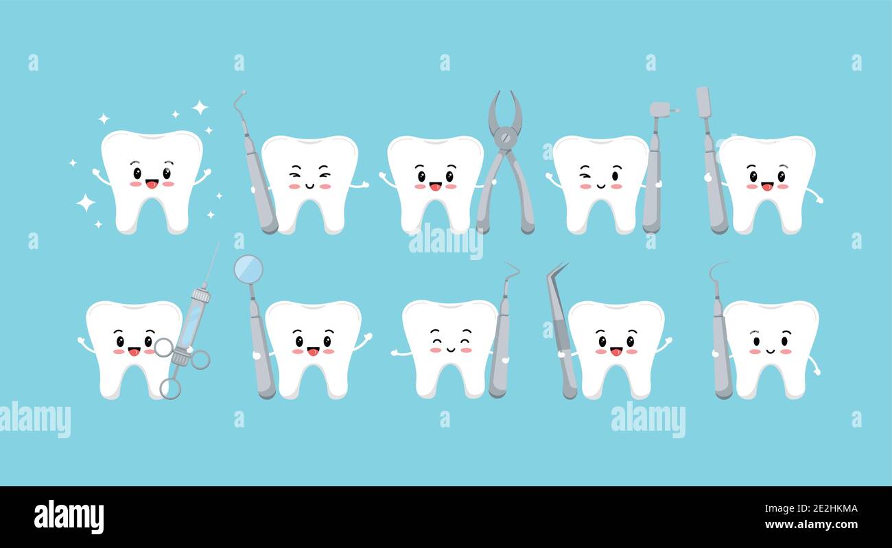 Cute strong tooth molar and teeth with dental tools icons set Stock ...