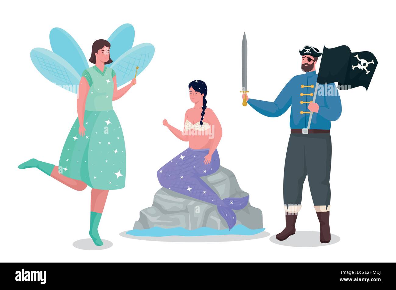 Fairytale fairy mermaid and pirate cartoon vector design Stock Vector ...