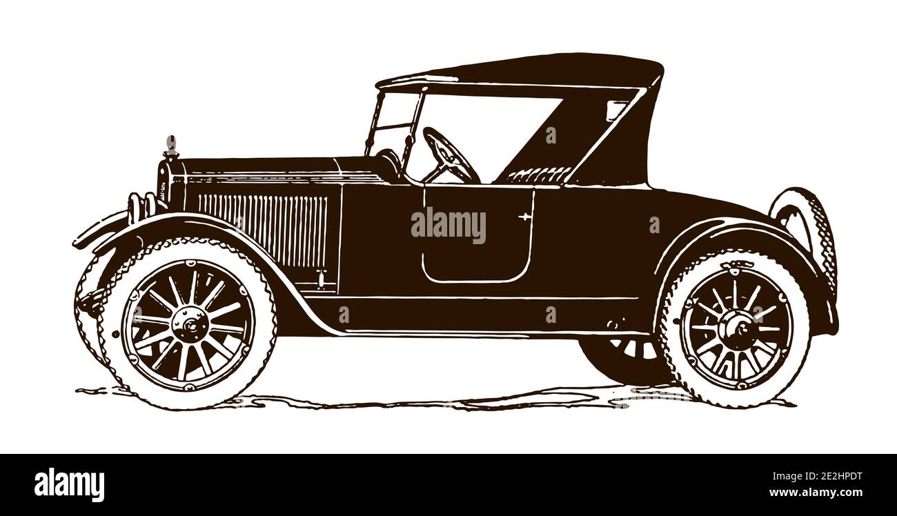 Vintage three-seater roadster car in side view, after an antique ...